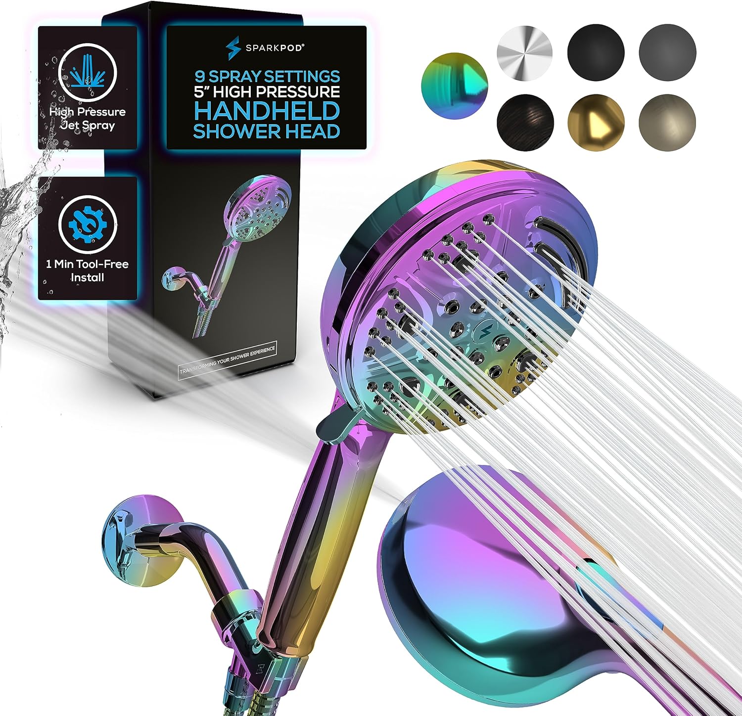 SparkPod 5 Inch 9 Spray Setting Rainbow Handheld Shower Head (Radiant ...